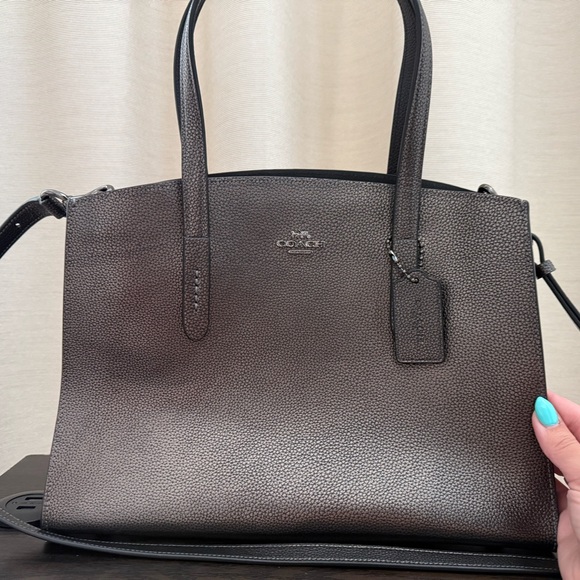 Coach | Bags | Coach Gray Leather Tote With Metallic Sheen | Poshmark